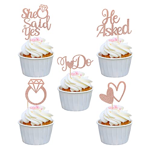 30 Pack He Asked She Said Yes Cupcake Toppers Glitter Heart Ring I do Cupcake Picks Bridal Shower Cake Decorations for Wedding Engagement Theme Party Supplies Rose Gold