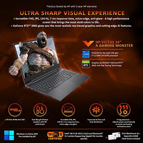 HP Victus 16 Gaming Laptop Mica Silver Intel Core i7-12700H, 16.1β FHD, 16 GB RAM, 1 TB SSD, 6GB Nvidia GeForce RTX 3060, Win 11 Home Adv, WiFi 6, 4Cell, B&OAudio, 64GB Tech Warehouse Flashdrive