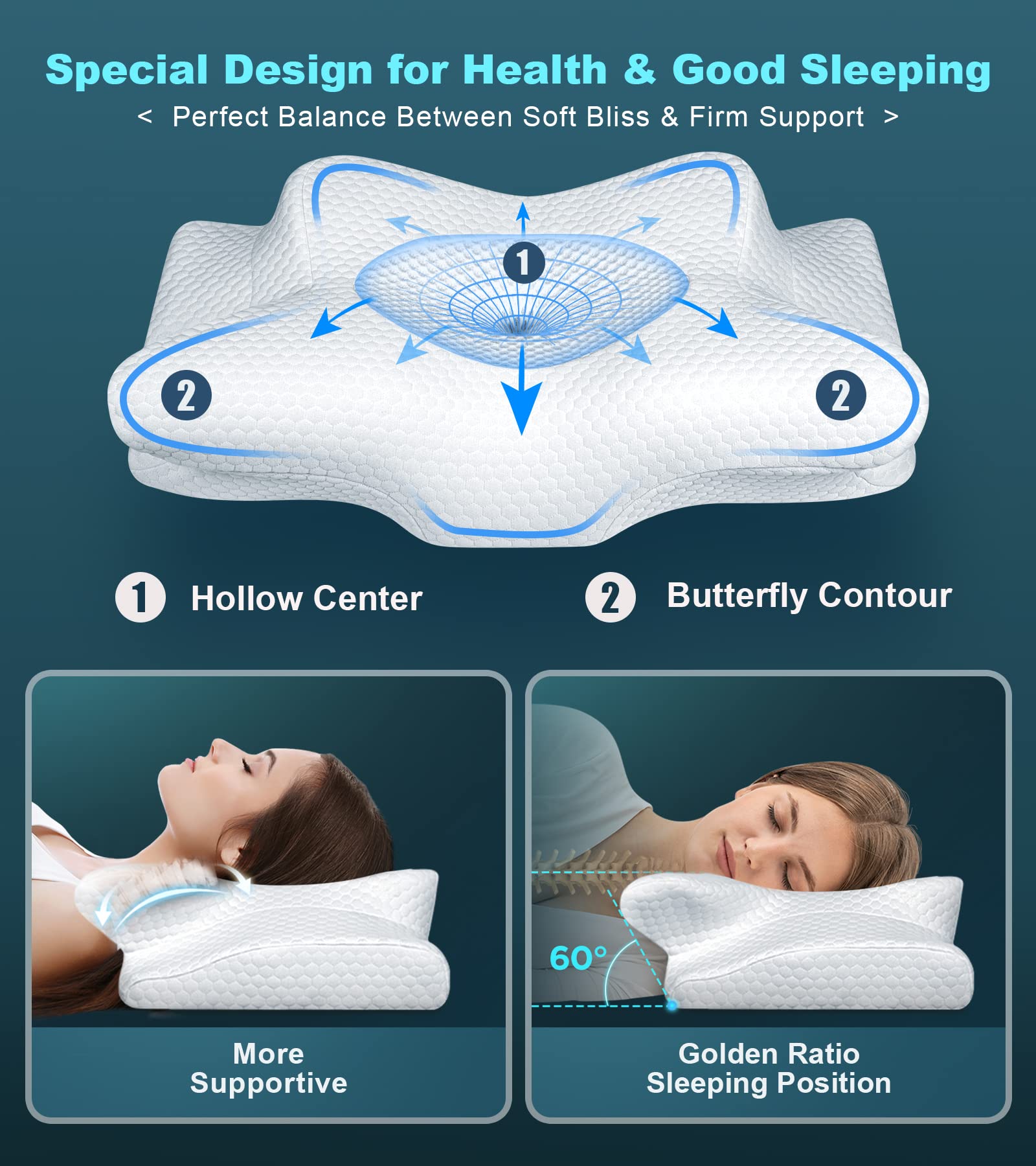 Emircey Adjustable Cervical Pillow for Neck and Shoulder Pain Relief, 3X Plus Support Hollow Contour Memory Foam for Sleeping, Odorless Orthopedic Bed Pillows for Side, Back, Stomach Sleeper
