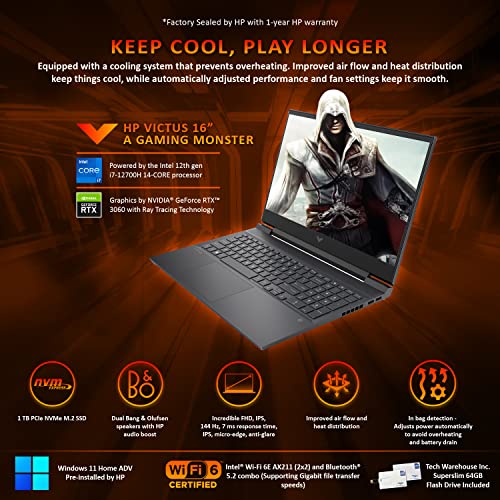 HP Victus 16 Gaming Laptop Mica Silver Intel Core i7-12700H, 16.1β FHD, 16 GB RAM, 1 TB SSD, 6GB Nvidia GeForce RTX 3060, Win 11 Home Adv, WiFi 6, 4Cell, B&OAudio, 64GB Tech Warehouse Flashdrive