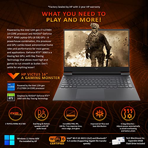 HP Victus 16 Gaming Laptop Mica Silver Intel Core i7-12700H, 16.1β FHD, 16 GB RAM, 1 TB SSD, 6GB Nvidia GeForce RTX 3060, Win 11 Home Adv, WiFi 6, 4Cell, B&OAudio, 64GB Tech Warehouse Flashdrive