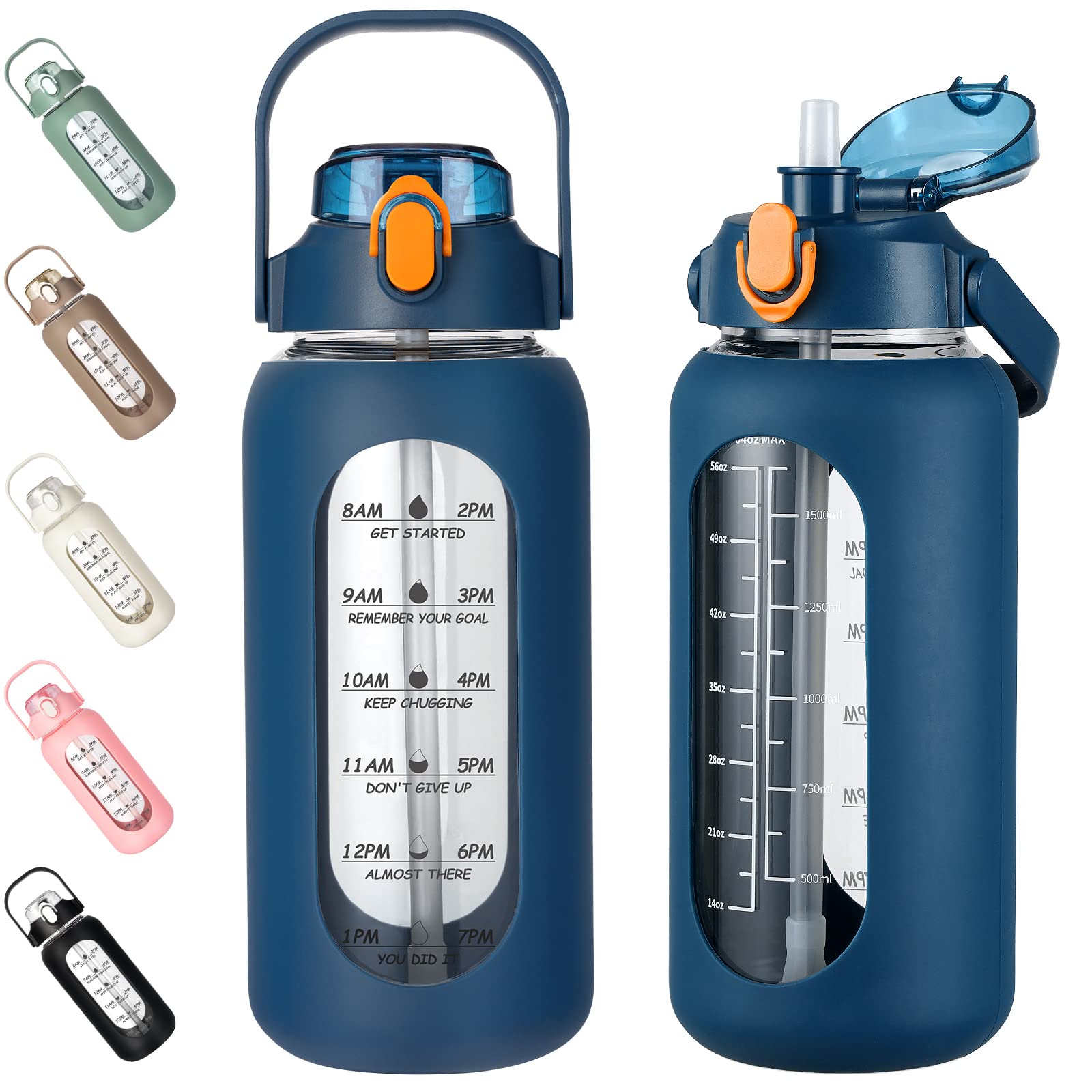 kytffu 64oz Glass Water Bottles with Straw, Half Gallon Motivational Glass Bottle with Silicone Sleeve and Time Marker, 2L Leakproof Large Glass Water Jug for Gym Home Office,Blue