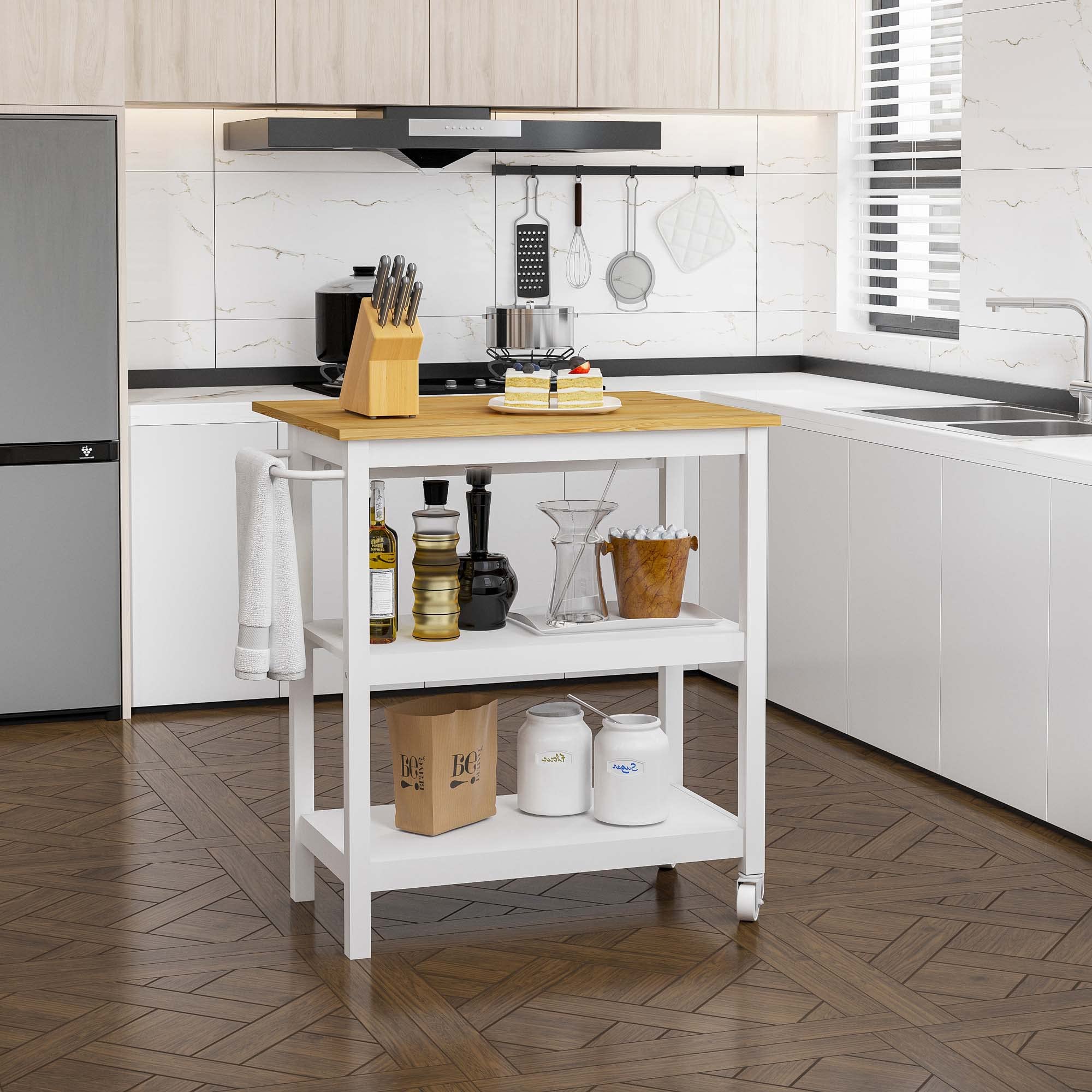 Spirich Home Kitchen Island Cart on Wheels, 3-Tier Rolling Utility Cart with Storage, Small Kitchen Island with Drop Leaf and Towel Rack for Dining Room, White