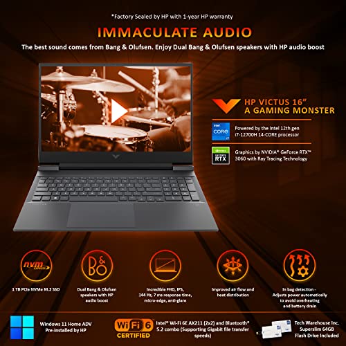 HP Victus 16 Gaming Laptop Mica Silver Intel Core i7-12700H, 16.1β FHD, 16 GB RAM, 1 TB SSD, 6GB Nvidia GeForce RTX 3060, Win 11 Home Adv, WiFi 6, 4Cell, B&OAudio, 64GB Tech Warehouse Flashdrive