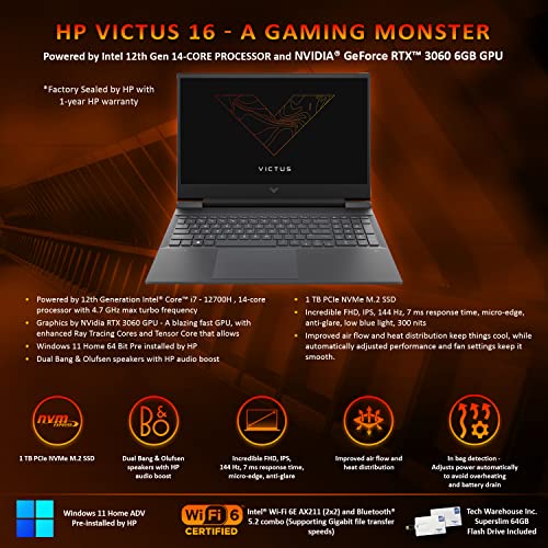 HP Victus 16 Gaming Laptop Mica Silver Intel Core i7-12700H, 16.1β FHD, 16 GB RAM, 1 TB SSD, 6GB Nvidia GeForce RTX 3060, Win 11 Home Adv, WiFi 6, 4Cell, B&OAudio, 64GB Tech Warehouse Flashdrive