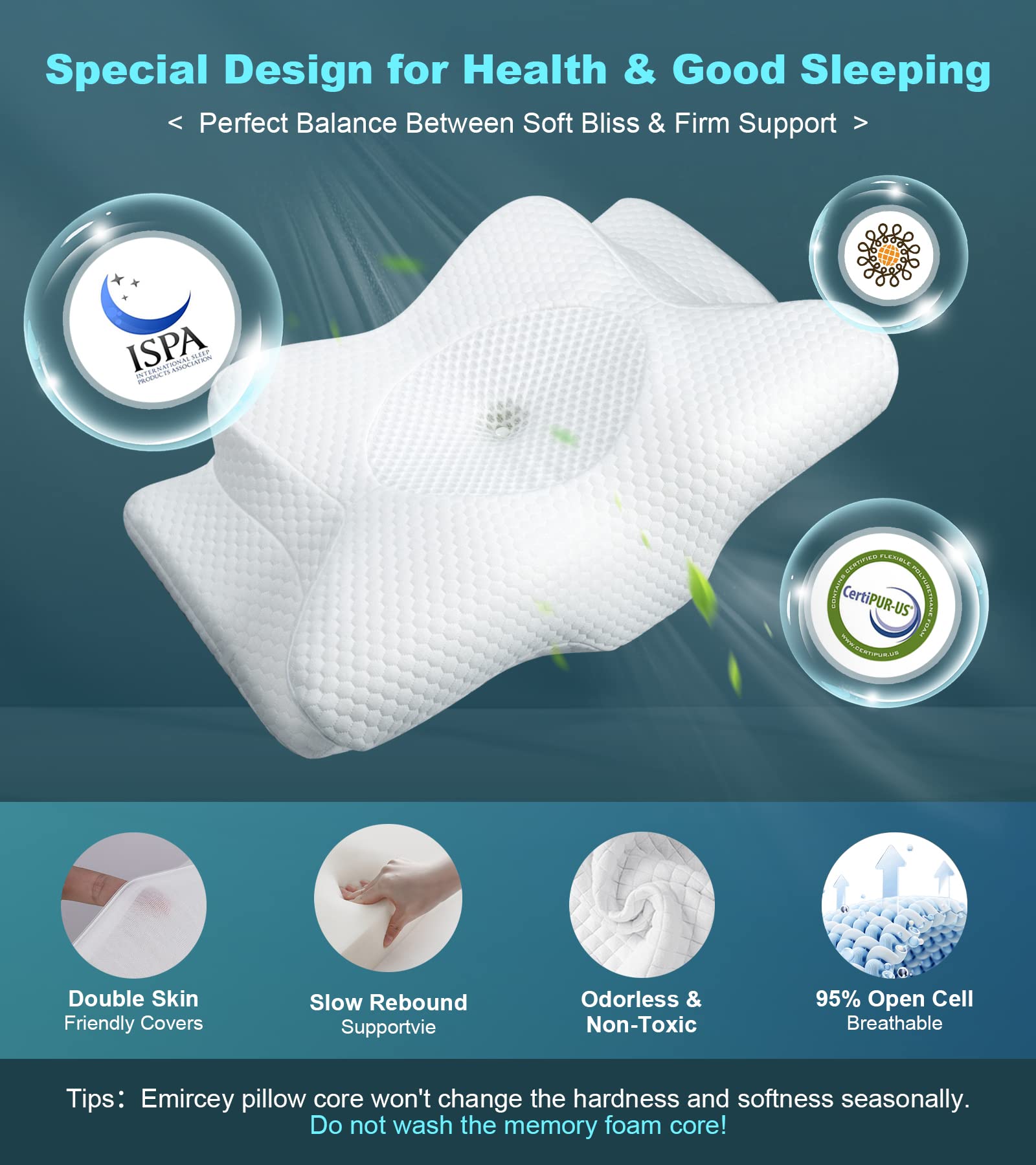 Emircey Adjustable Cervical Pillow for Neck and Shoulder Pain Relief, 3X Plus Support Hollow Contour Memory Foam for Sleeping, Odorless Orthopedic Bed Pillows for Side, Back, Stomach Sleeper