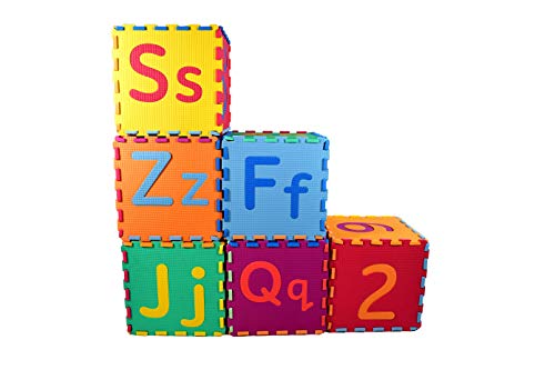 KC Cubs Soft & Safe Non-Toxic Children’s Interlocking Multicolor Exercise Puzzle Educational ABC Alphabet EVA Play Foam Mat for Kid’s Floor & Baby Nursery Room, 36 Tiles, 9 Colors, 54 Borders (EVA003)