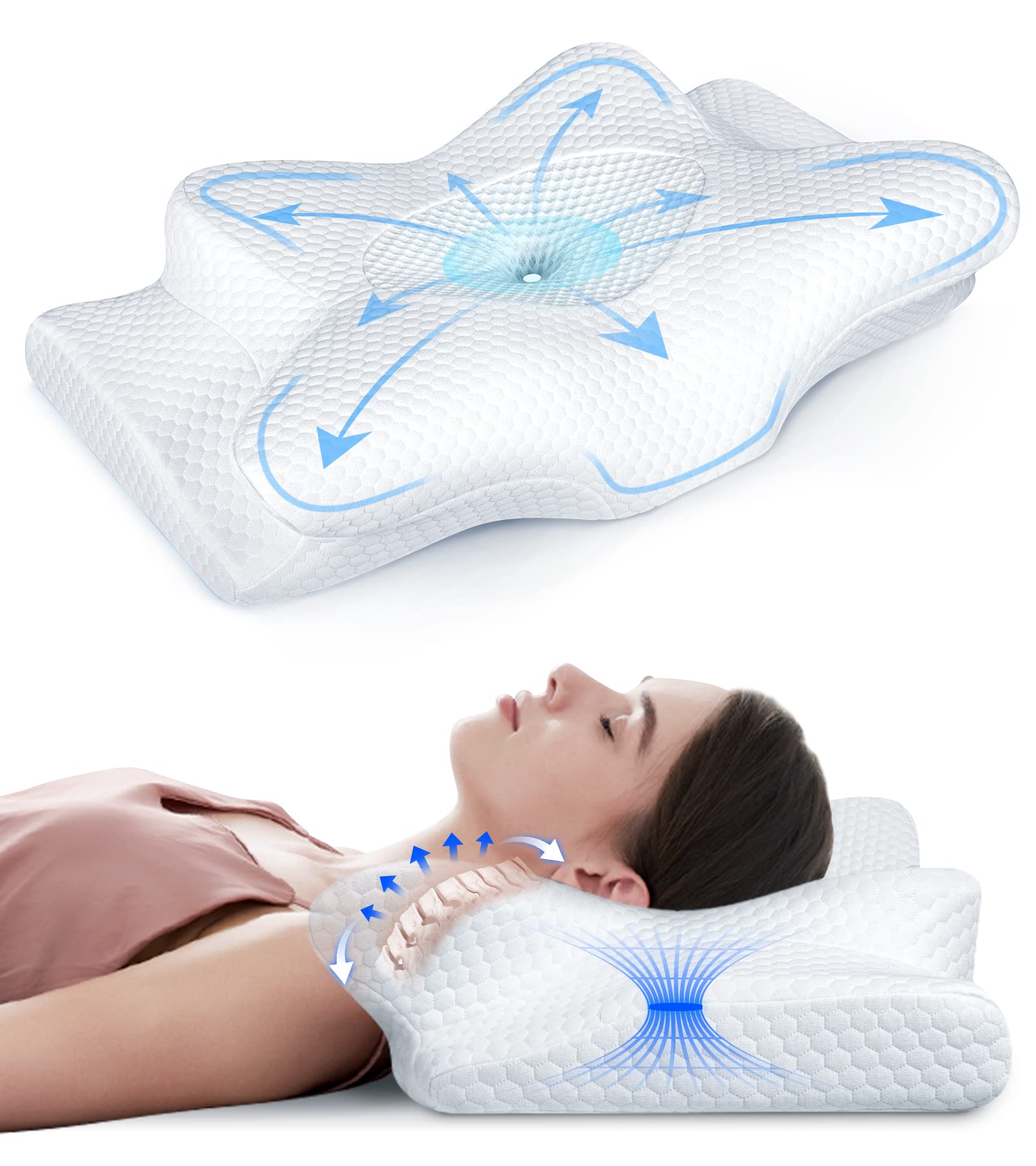 Emircey Adjustable Cervical Pillow for Neck and Shoulder Pain Relief, 3X Plus Support Hollow Contour Memory Foam for Sleeping, Odorless Orthopedic Bed Pillows for Side, Back, Stomach Sleeper