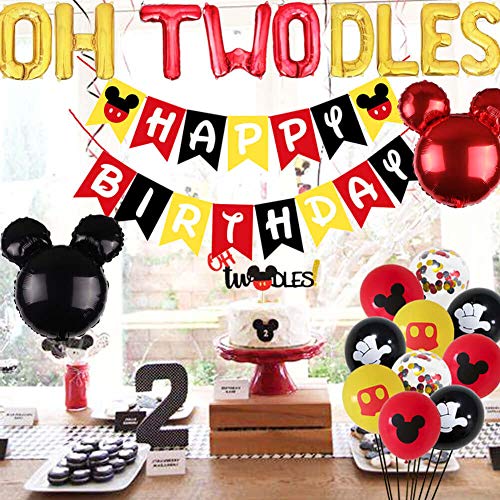LetDec 214 PCS Mickey Twodles Birthday Party Decorations, Oh Twodles Balloons Arch Garland Kit, Mickey Two Backdrop, Mouse Themed TableCloth, Mickey Tableware for Boy 2nd Birtdhay Party Supplies