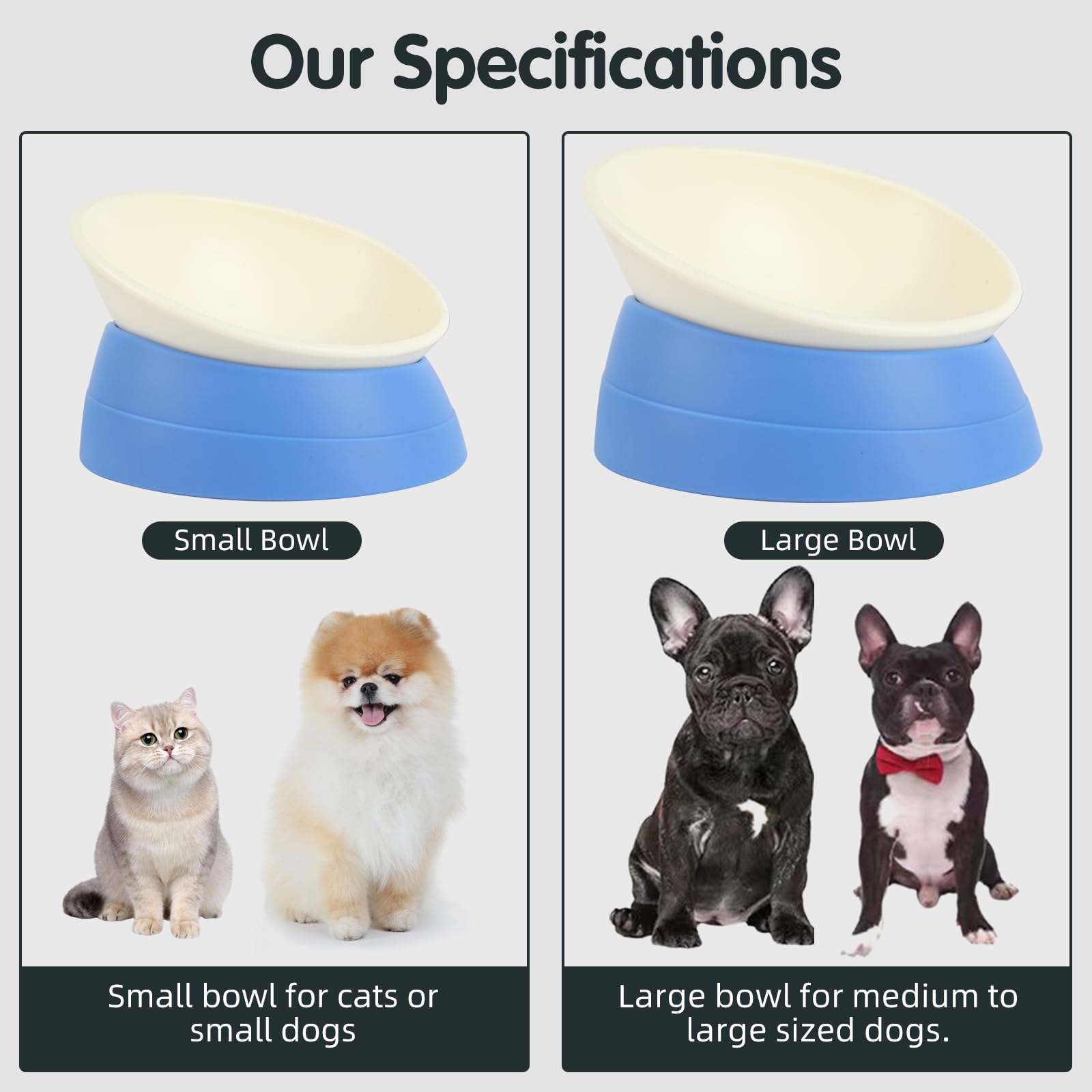 Bulldog Bowl Anti-Slip Dog Cat Dish Detachable Rubber Dog Bowl Pet Sterile Tilted Pet Feeder Slope Base (Blue, 2 Cup (Small/Medium Dog))