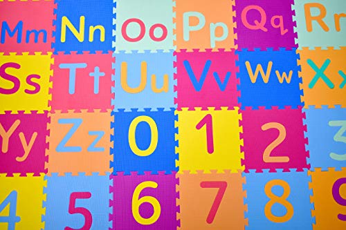 KC Cubs Soft & Safe Non-Toxic Children’s Interlocking Multicolor Exercise Puzzle Educational ABC Alphabet EVA Play Foam Mat for Kid’s Floor & Baby Nursery Room, 36 Tiles, 9 Colors, 54 Borders (EVA003)