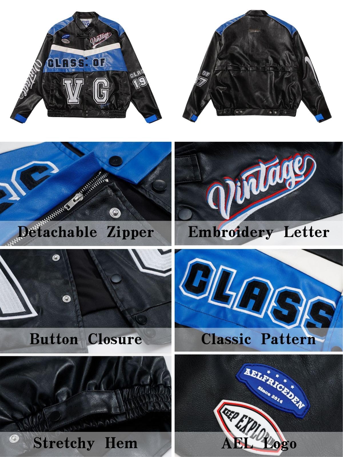 Aelfric Eden VG Detachable PU Racing Jacket Mens Letter Print Varsity Jackets with Reflective Lines