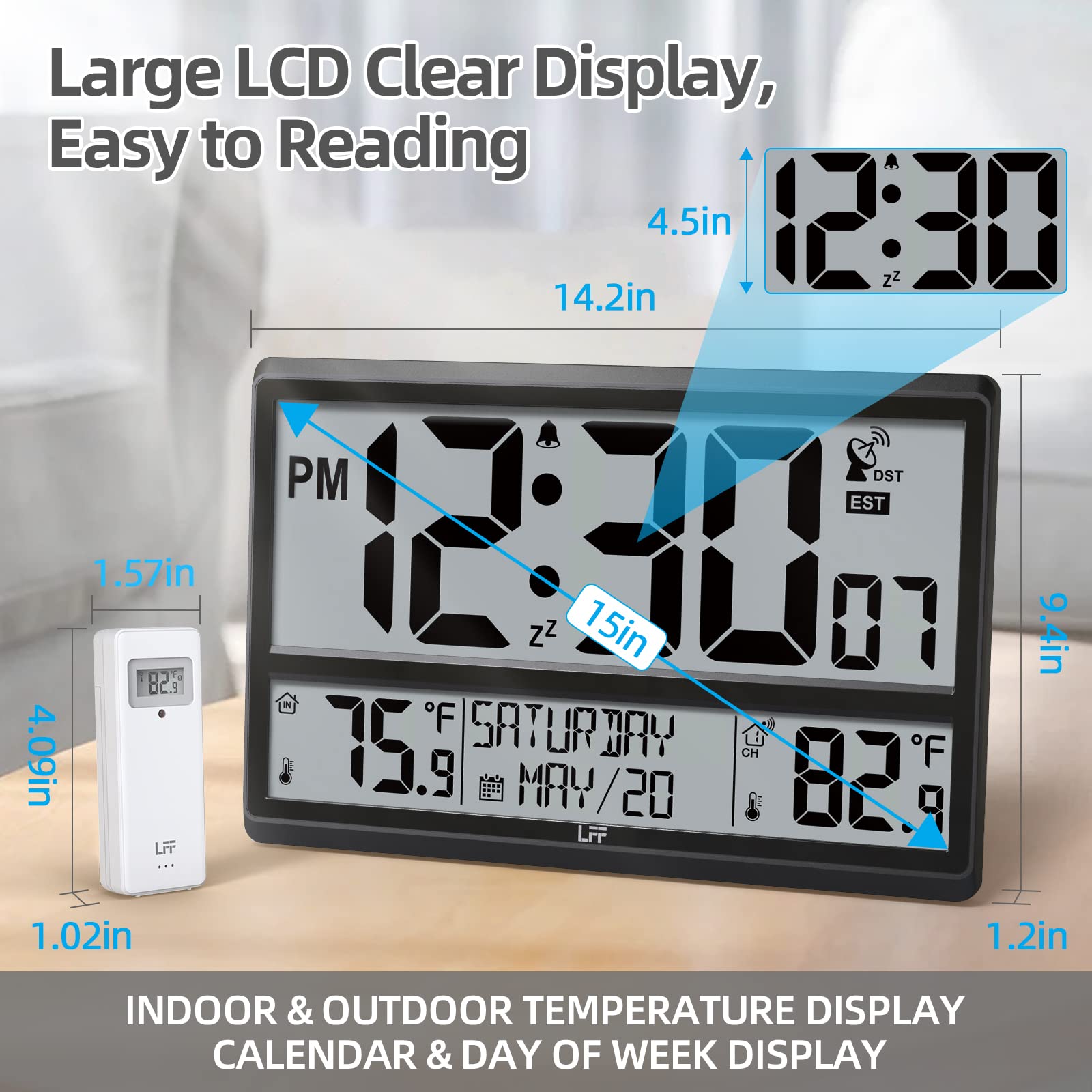 LFF Atomic Clock 4.5" Numbers, Atomic Wall Clock Never Needs Setting, Indoor Outdoor Temperature with Wireless Outdoor Sensor, Battery Powered, Clock for Office, Kitchen, Living Room, Bedroom