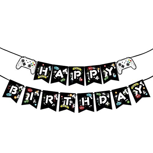 Watercolor Video Game Birthday Banner - Gaming Birthday Party Decorations for Boys Kids Game Themed Party Supplies Pre-Assembled Bunting Garland Hanging Wall Decor