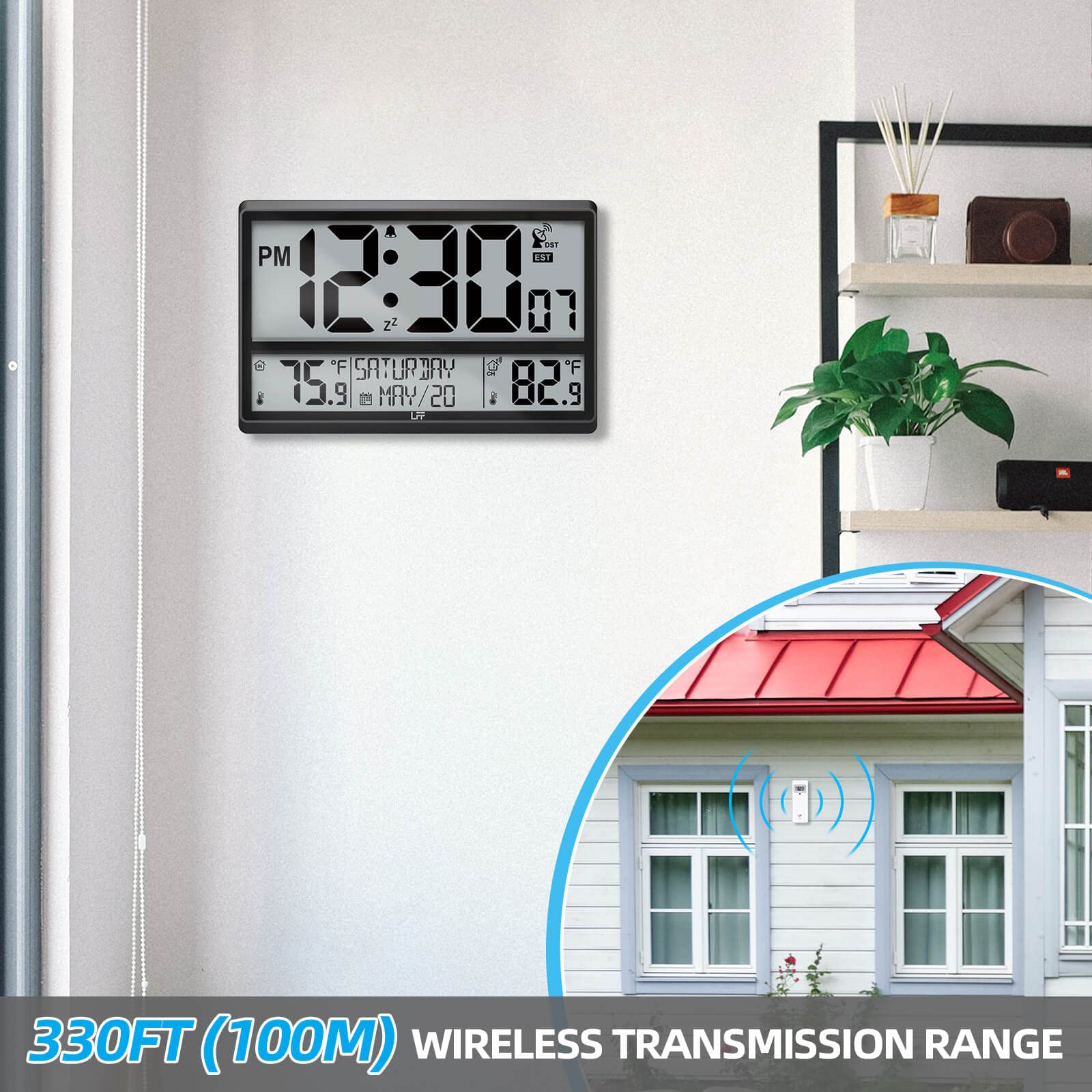 LFF Atomic Clock 4.5" Numbers, Atomic Wall Clock Never Needs Setting, Indoor Outdoor Temperature with Wireless Outdoor Sensor, Battery Powered, Clock for Office, Kitchen, Living Room, Bedroom
