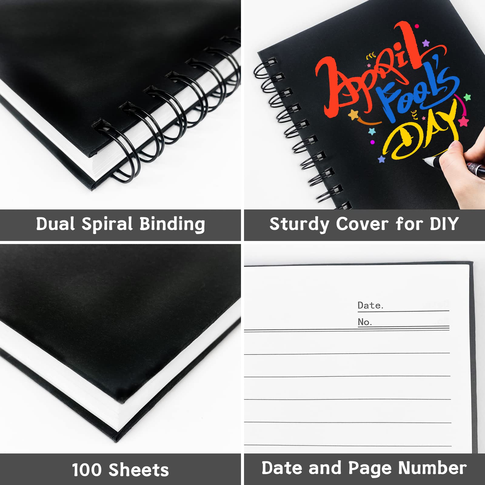 Ouzoustate 4 Pack Spiral Notebook,A5 Lined Black Journal Notebook 5.62 x 8.4 inches-100 Sheets/200 Pages,100GSM Thick Paper,Hardcover Journals for Writing Work School Supplies.