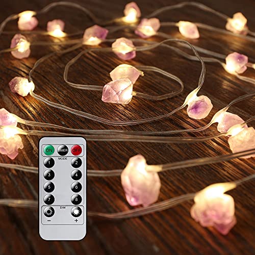 LUSHARBOR Crystal String Lights Indoor Battery Operated, Natural Fluorite String Lights, Amethyst Raw Stones Decorative Lights 9.8ft 30 LEDs String Lights for Bedroom Party Christmas Wedding Decor