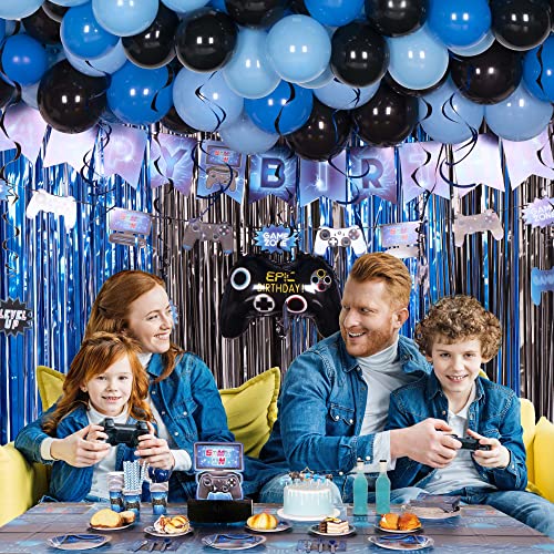 DECORLIFE Game on Party Supplies Serves 24, Blue Video Game Party Supplies Includes Tablecloth, Popcorn Boxes, Birthday Plates for Boys Gamer Party Decorations, Total 200PCS