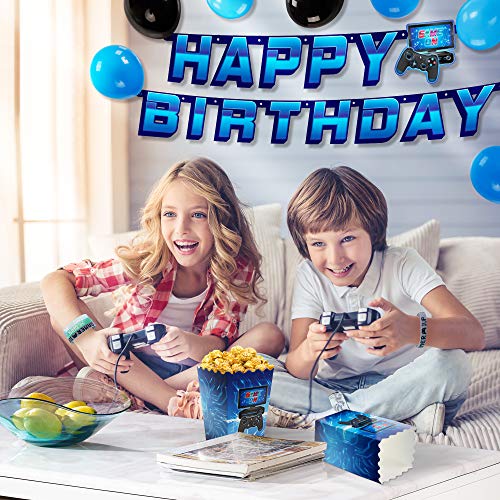 DECORLIFE Game on Party Supplies Serves 24, Blue Video Game Party Supplies Includes Tablecloth, Popcorn Boxes, Birthday Plates for Boys Gamer Party Decorations, Total 200PCS