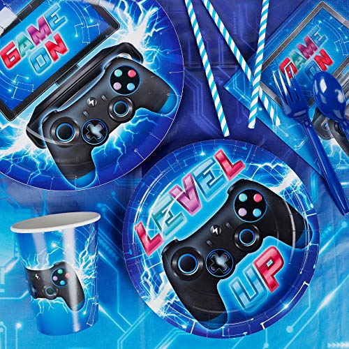 DECORLIFE Game on Party Supplies Serves 24, Blue Video Game Party Supplies Includes Tablecloth, Popcorn Boxes, Birthday Plates for Boys Gamer Party Decorations, Total 200PCS