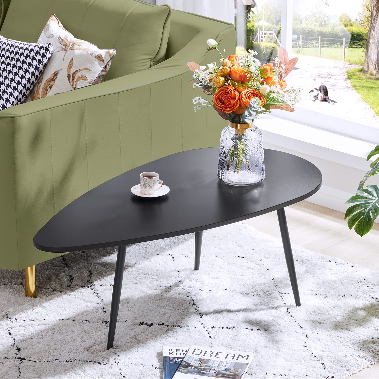 SAYGOER Black Small Coffee Table Modern Oval Coffee Tables Retro Center Table for Small Space Mid Century Coffee Table Rustic Accent Table for Living Room Home Office, Easy Assembly