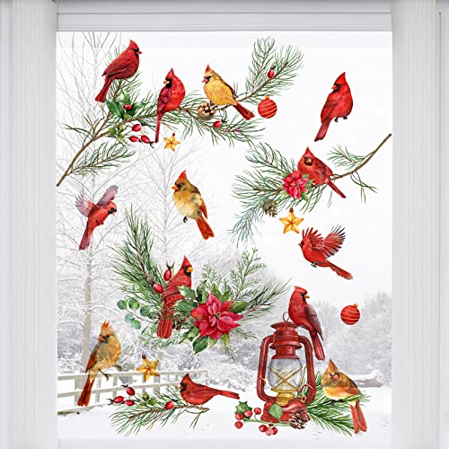 Mfault Winter Cardinals Window Clings 9 Sheets, Christmas Red Birds Glass Stickers Decal Poinsettia Pine Cone Bedroom Decorations, Xmas Kerosene Lamp Tree Branches Home Kitchen Living Room Decor