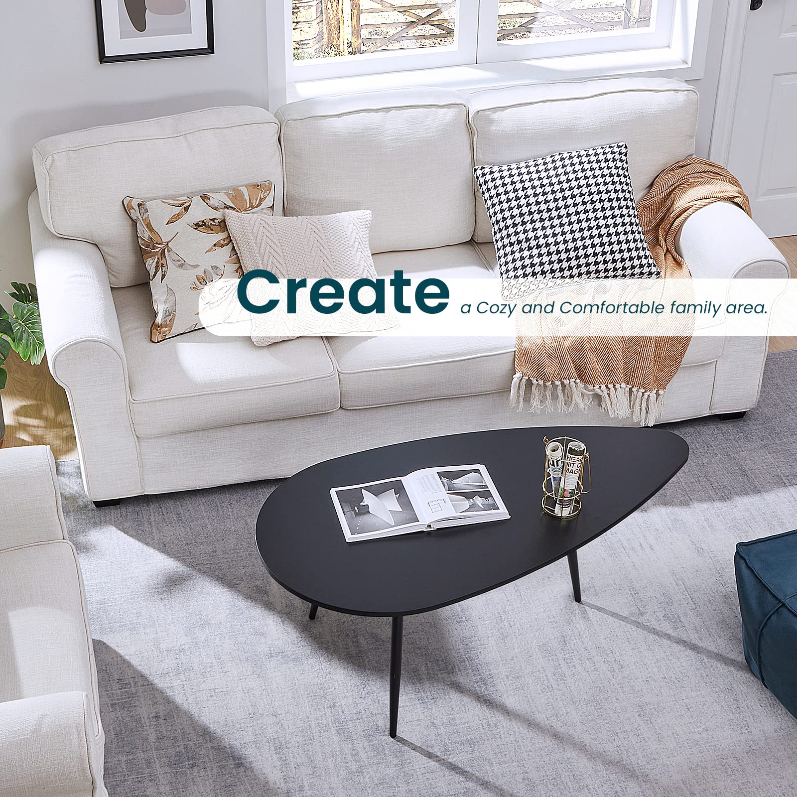 SAYGOER Black Small Coffee Table Modern Oval Coffee Tables Retro Center Table for Small Space Mid Century Coffee Table Rustic Accent Table for Living Room Home Office, Easy Assembly