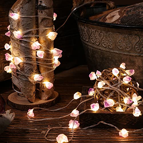 LUSHARBOR Crystal String Lights Indoor Battery Operated, Natural Fluorite String Lights, Amethyst Raw Stones Decorative Lights 9.8ft 30 LEDs String Lights for Bedroom Party Christmas Wedding Decor