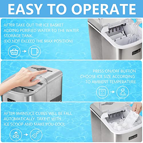 KUMIO Stainless Steel Ice Makers Countertop, 33 Lbs in 24 Hrs, 10 Bullet Ice Ready in 6-8 Mins, Automatic Self-Cleaning, 2 Sizes of Bullet Ice for Home Kitchen Office Bar Party