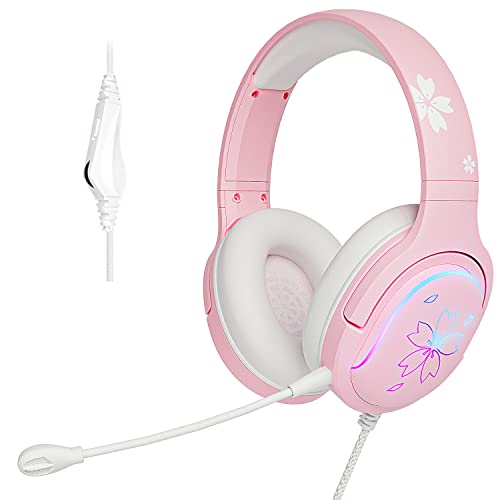 Mytrix Sakura Pink Cherry Blossoms Gaming Headset, 360° Rotation Mic, Soft Earmuff Headphone for PS4, PS5, Xbox, PC & MAC, Switch, RGB Gradient Light Effect