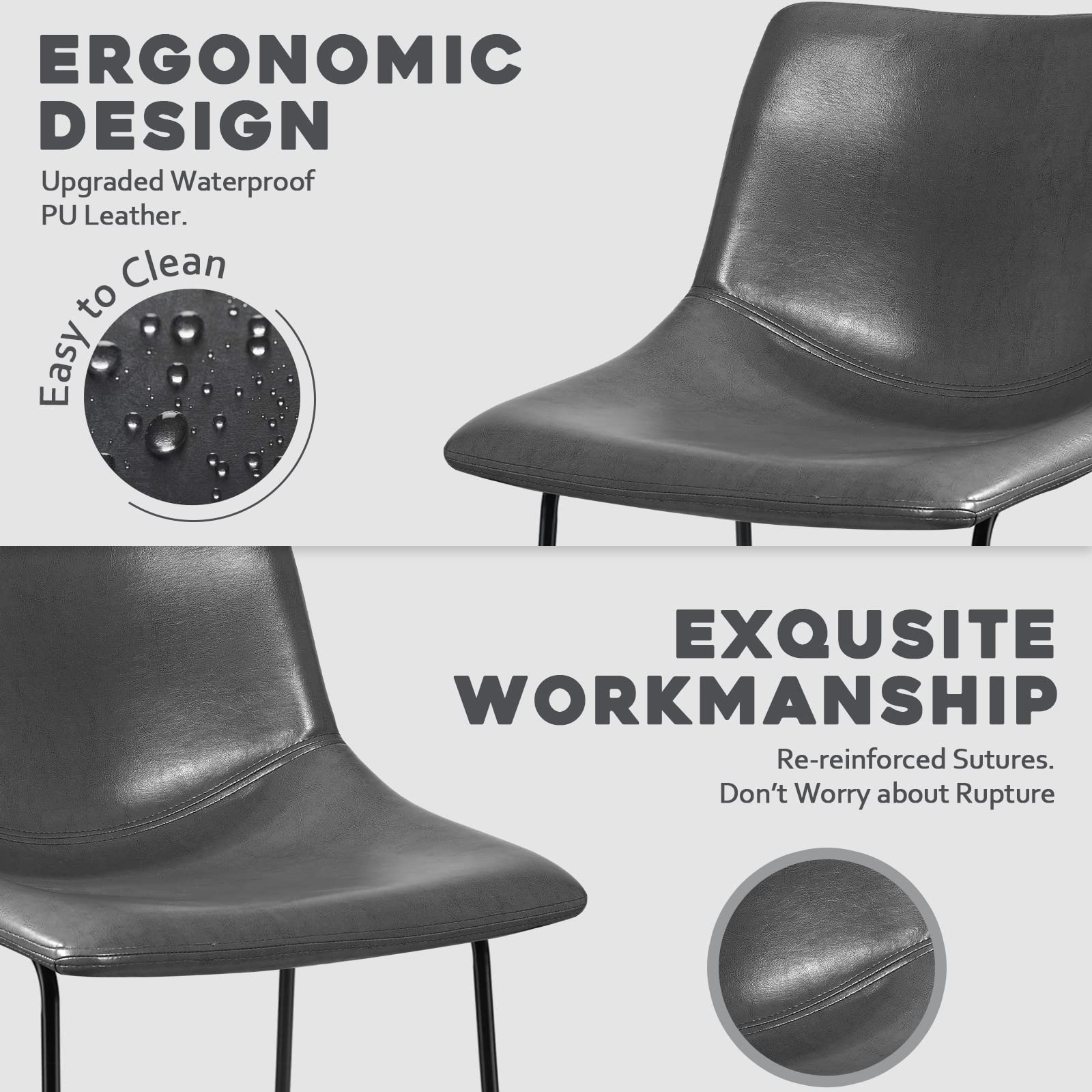 Waleaf 26 inch Bar Stools Set of 2,Counter Height Bar Stools with Back, Modern PU Leather Stools with Metal Leg and Footrest (Grey, 2 Pcs 26" Counter Height Barstools)