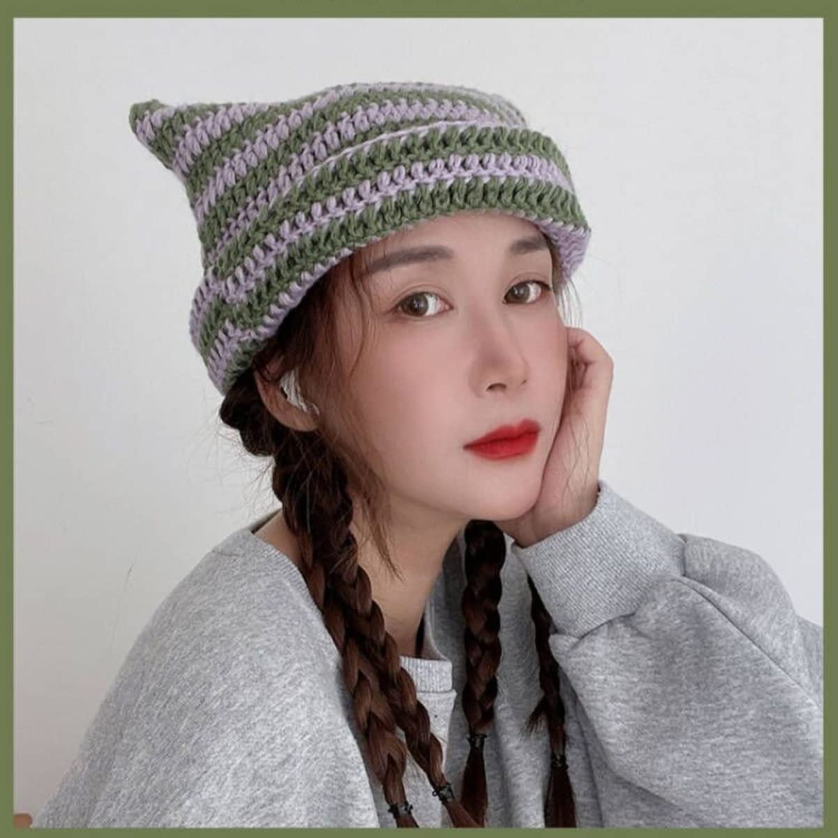 Cat Ear Beanie Y2K Striped Crochet Hat Fairy Grunge Headwear Accessories (Black,M(56-58cm))