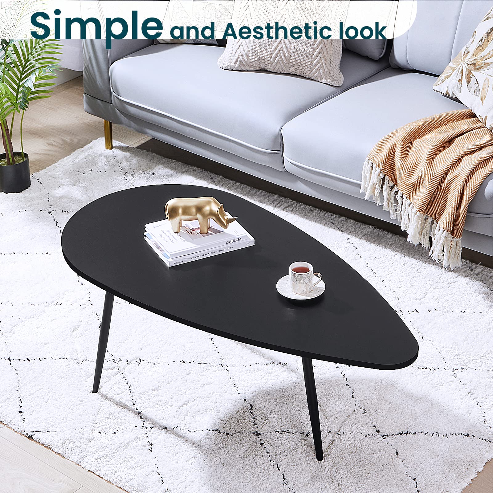 SAYGOER Black Small Coffee Table Modern Oval Coffee Tables Retro Center Table for Small Space Mid Century Coffee Table Rustic Accent Table for Living Room Home Office, Easy Assembly