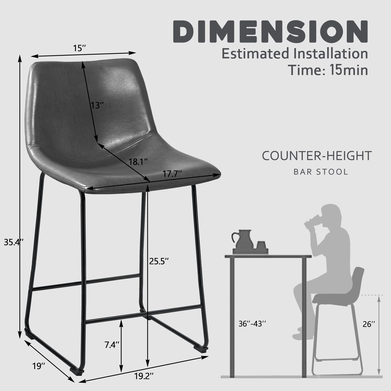 Waleaf 26 inch Bar Stools Set of 2,Counter Height Bar Stools with Back, Modern PU Leather Stools with Metal Leg and Footrest (Grey, 2 Pcs 26" Counter Height Barstools)