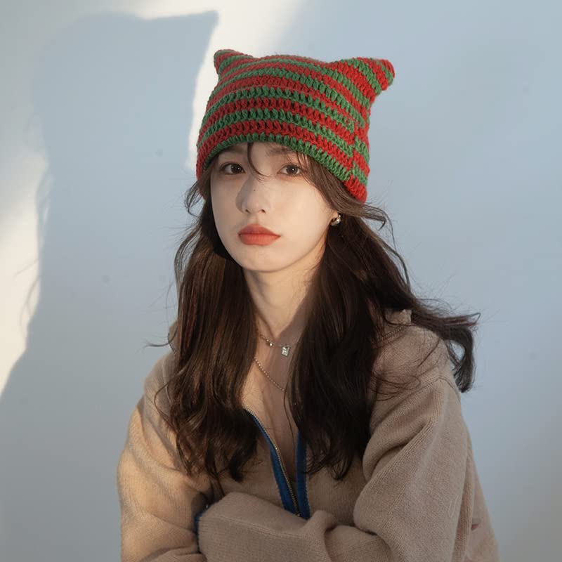 Cat Ear Beanie Y2K Striped Crochet Hat Fairy Grunge Headwear Accessories (Black,M(56-58cm))