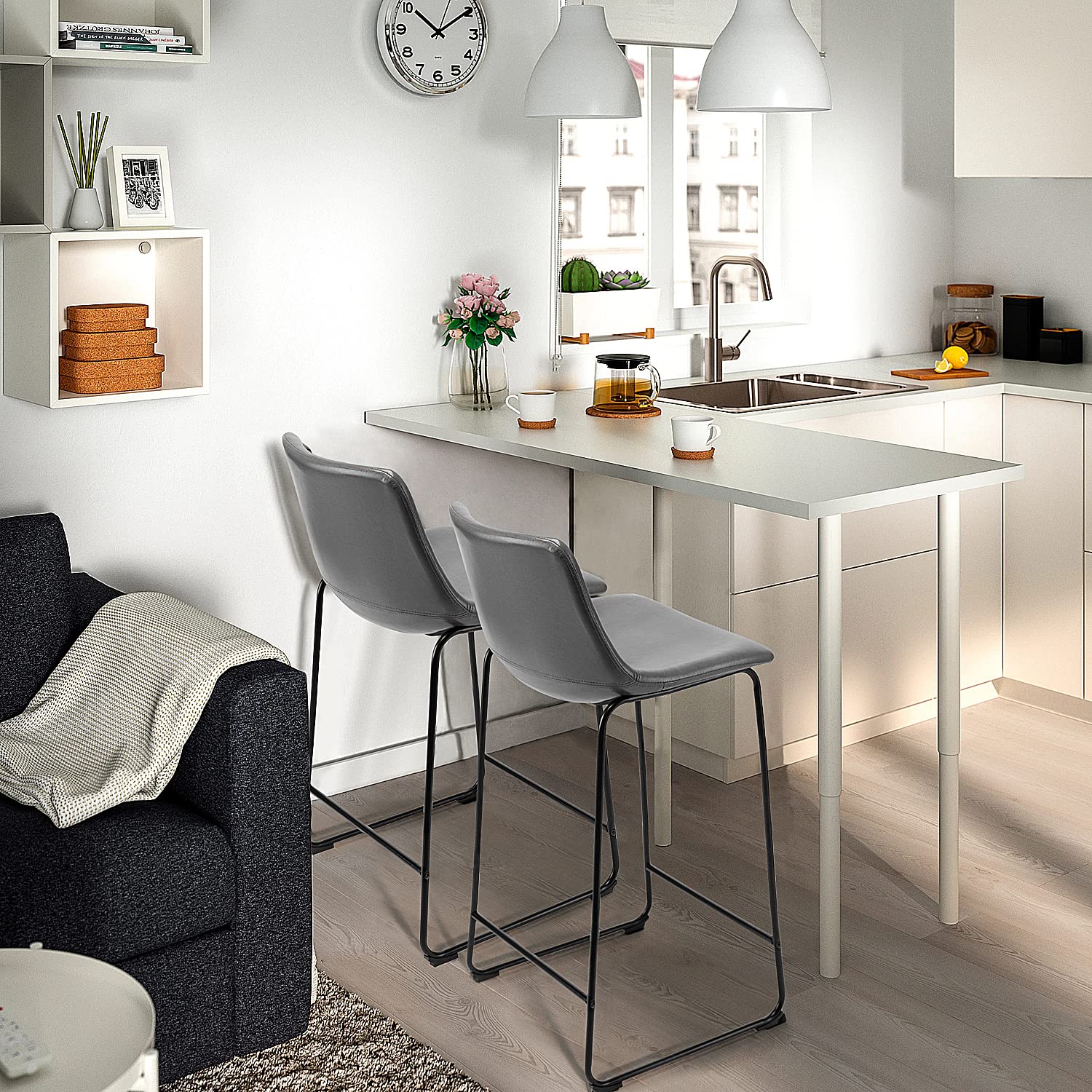 Waleaf 26 inch Bar Stools Set of 2,Counter Height Bar Stools with Back, Modern PU Leather Stools with Metal Leg and Footrest (Grey, 2 Pcs 26" Counter Height Barstools)