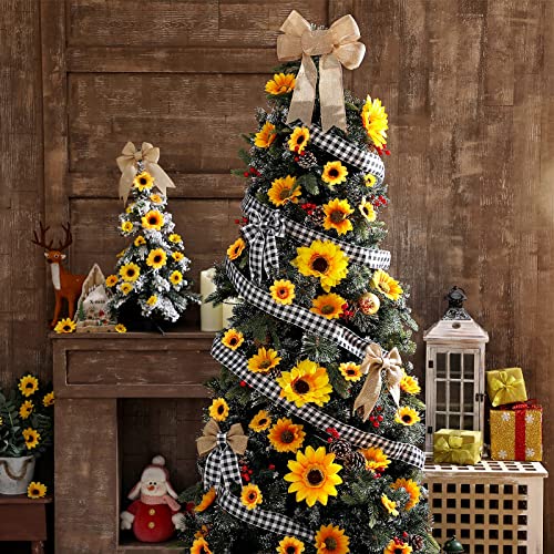 Sunflower Tree Decoration Kit 62 Pcs Sunflower Decor with 2 Pcs Buffalo Plaid and Burlap Ribbon for Christmas Tree Party Indoor Fireplace Home Decorations