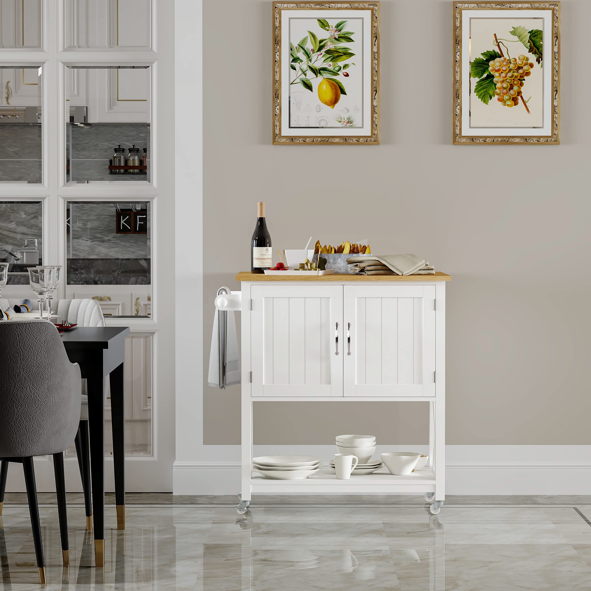 Spirich Kitchen Island on Wheels, Rolling Kitchen Cart with Storage Cabinet, Small Kitchen Island with Drop Leaf and Towel Rack for Dining Room, White