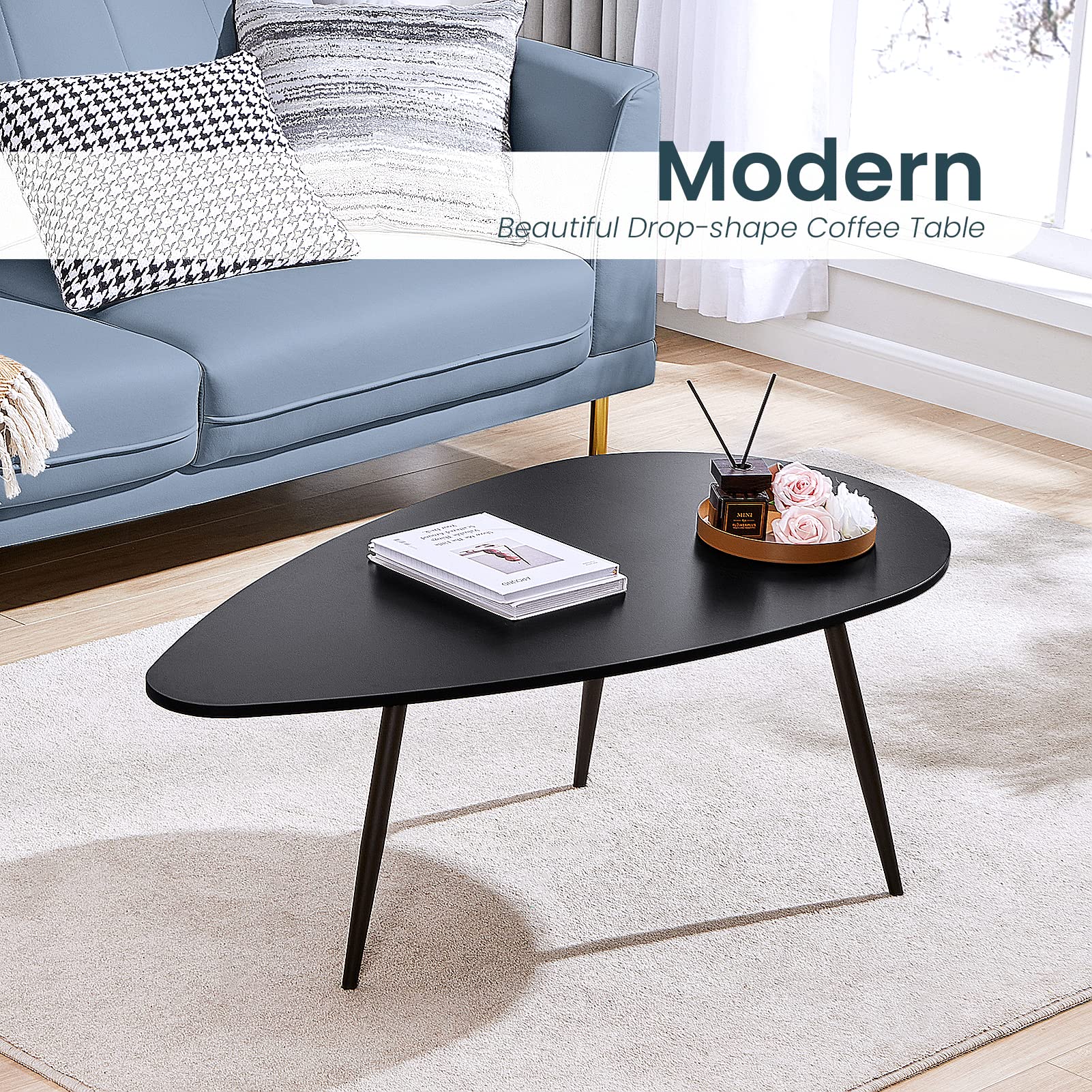 SAYGOER Black Small Coffee Table Modern Oval Coffee Tables Retro Center Table for Small Space Mid Century Coffee Table Rustic Accent Table for Living Room Home Office, Easy Assembly