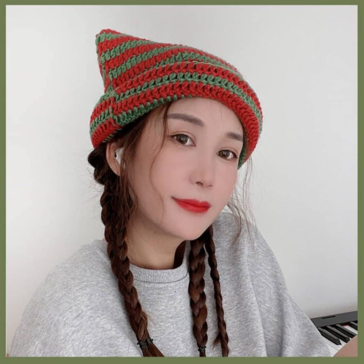 Cat Ear Beanie Y2K Striped Crochet Hat Fairy Grunge Headwear Accessories (Black,M(56-58cm))