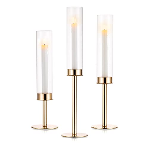 Nuptio Gold Candlestick Holder Tall Hurricane Candle Holder Set of 3 Taper Candle Holders Candle Stand Glass Cover Candlesticks Holders Table Centerpiece for Wedding Party Birthday Christmas Decor