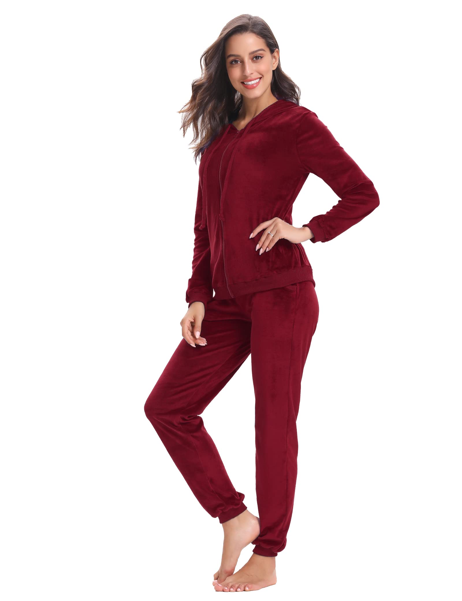 Cowasto Women's Velour Velvet Track Sets Two Pieces Full zip up Hoodied Coat Pants Outfit Suit TrackSuit, Wine Red, Medium