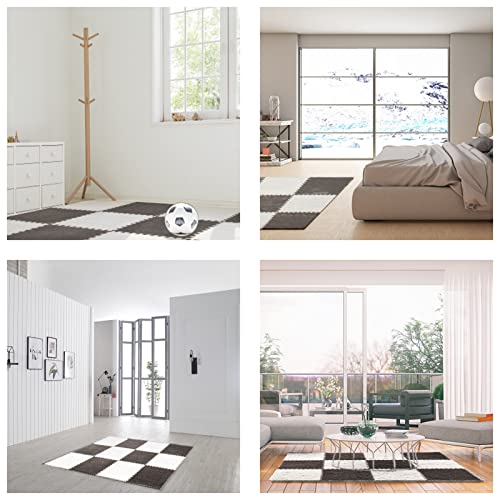 12PCS Plush Puzzle Foam Floor Mat for Kids- Thick Interlocking Fluffy Tiles with Border Square Rug Split Joint Soft Climbing Carpet Mats Shaggy Area Rug for Room Floor(11.8 Inch, White & Grey)