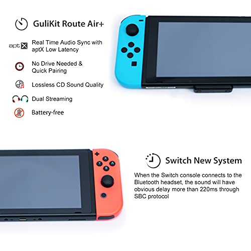 GuliKit Route Air Bluetooth Adapter for Nintendo Switch/Switch Lite PS4 PC, Dual Stream Bluetooth Wireless Audio Transmitter with aptX Low Latency Connect Your AirPods Bluetooth Speakers Headphone