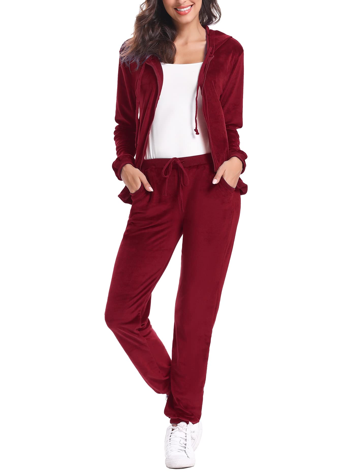 Cowasto Women's Velour Velvet Track Sets Two Pieces Full zip up Hoodied Coat Pants Outfit Suit TrackSuit, Wine Red, Medium