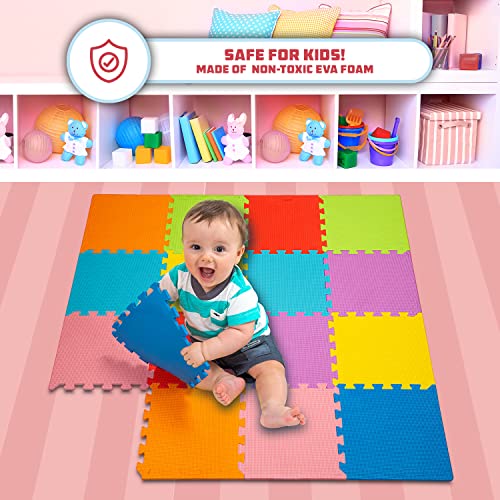 ToyVelt Foam Play Mat for Baby Kids Interlocking Foam Puzzle Floor Mats β EVA Non Toxic for Crawling, Exercise, Playroom, Play Area, Baby Nursery - 16 Tiles, Solid Colors