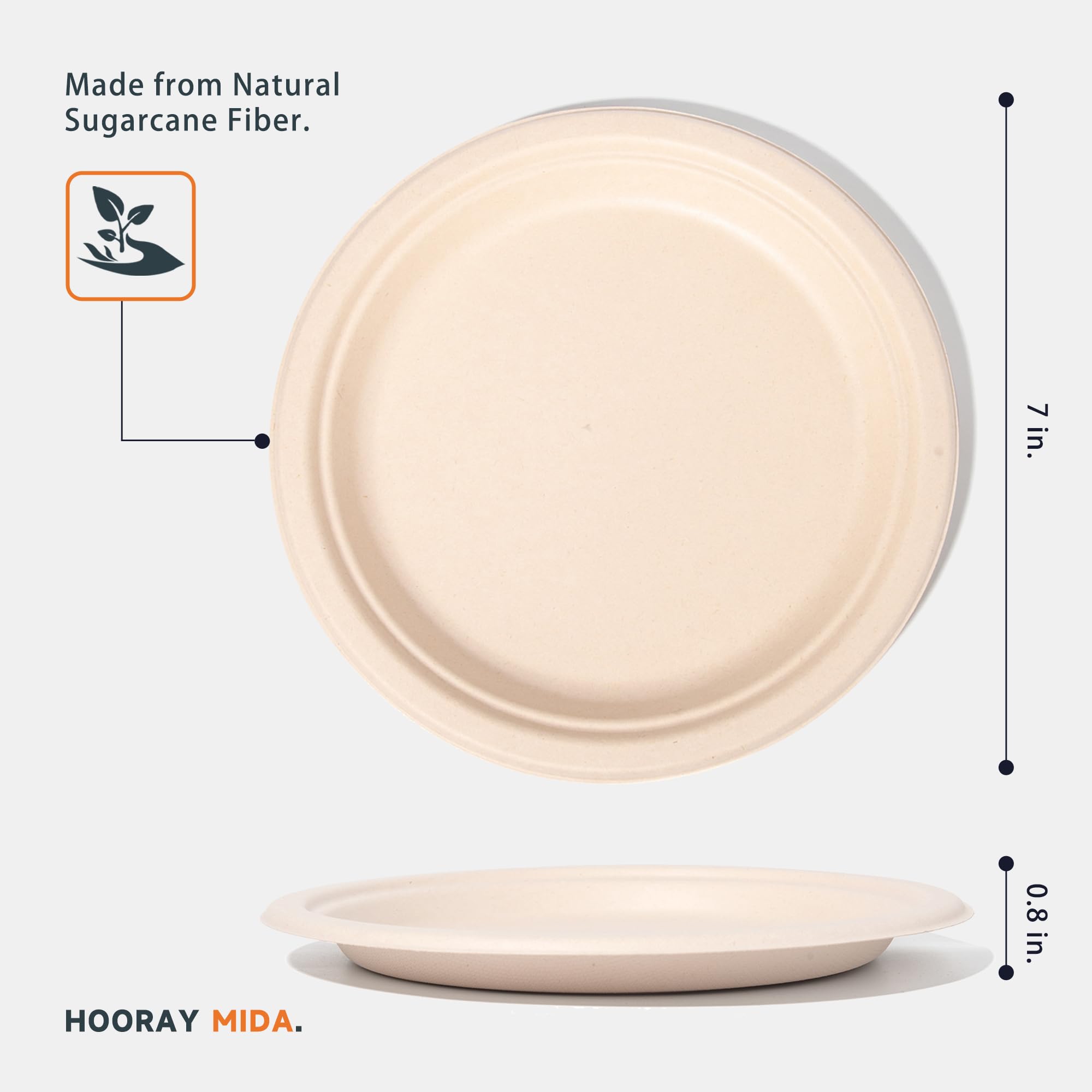 hooray mida 100% Compostable Plates, Disposable Paper Plates 125-Count - Heavy Duty, Biodegradable Plates Made of Bagasse - Eco Friendly and Sustainable (Natural, 7 inch)