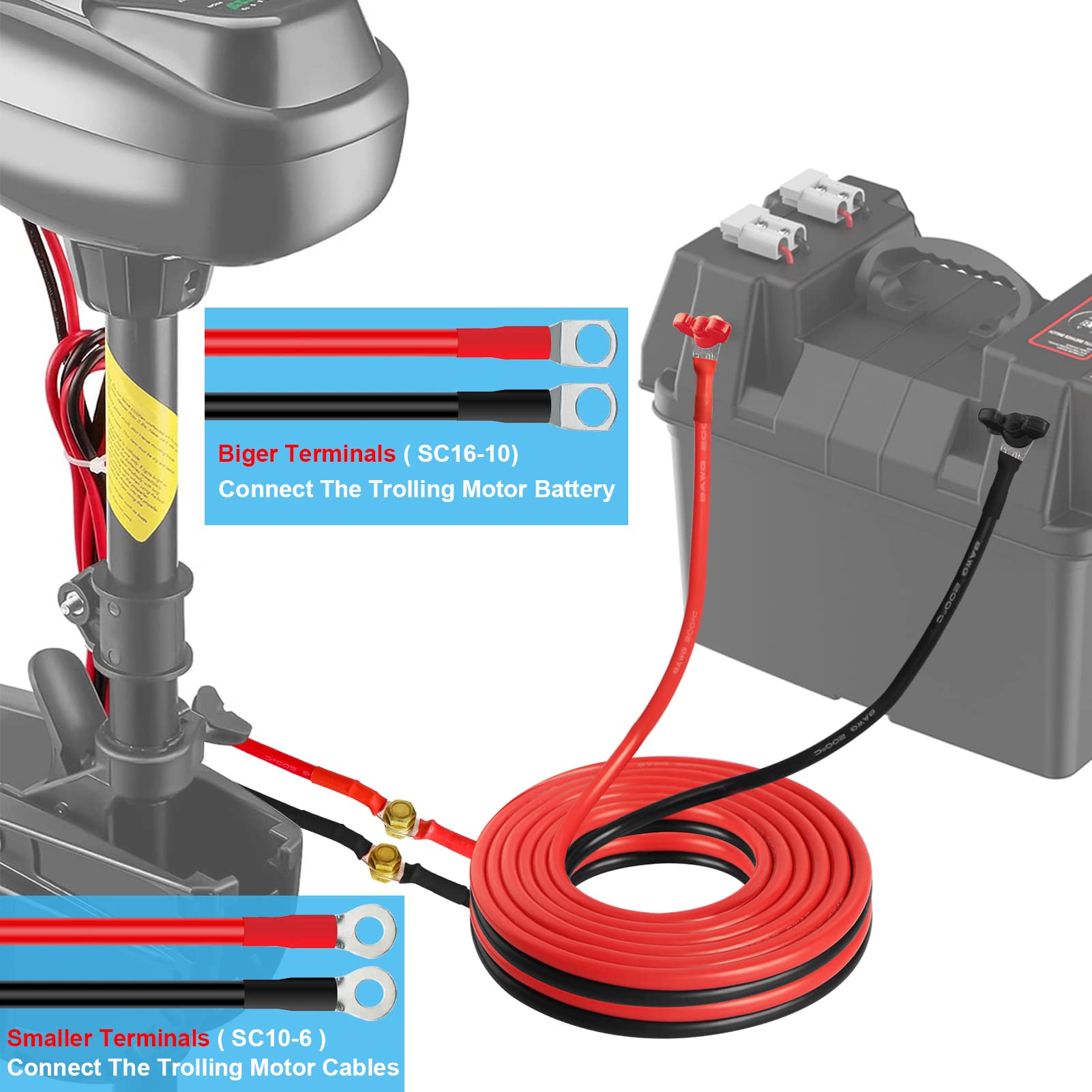 Trolling Motor Battery Cable Extension Wire Kit-6 Feet 8 Gauge Wire for Extending Battery Cable to Trolling Motor,Fits Marine Fishing Boat