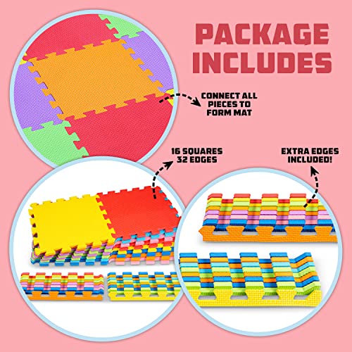 ToyVelt Foam Play Mat for Baby Kids Interlocking Foam Puzzle Floor Mats β EVA Non Toxic for Crawling, Exercise, Playroom, Play Area, Baby Nursery - 16 Tiles, Solid Colors