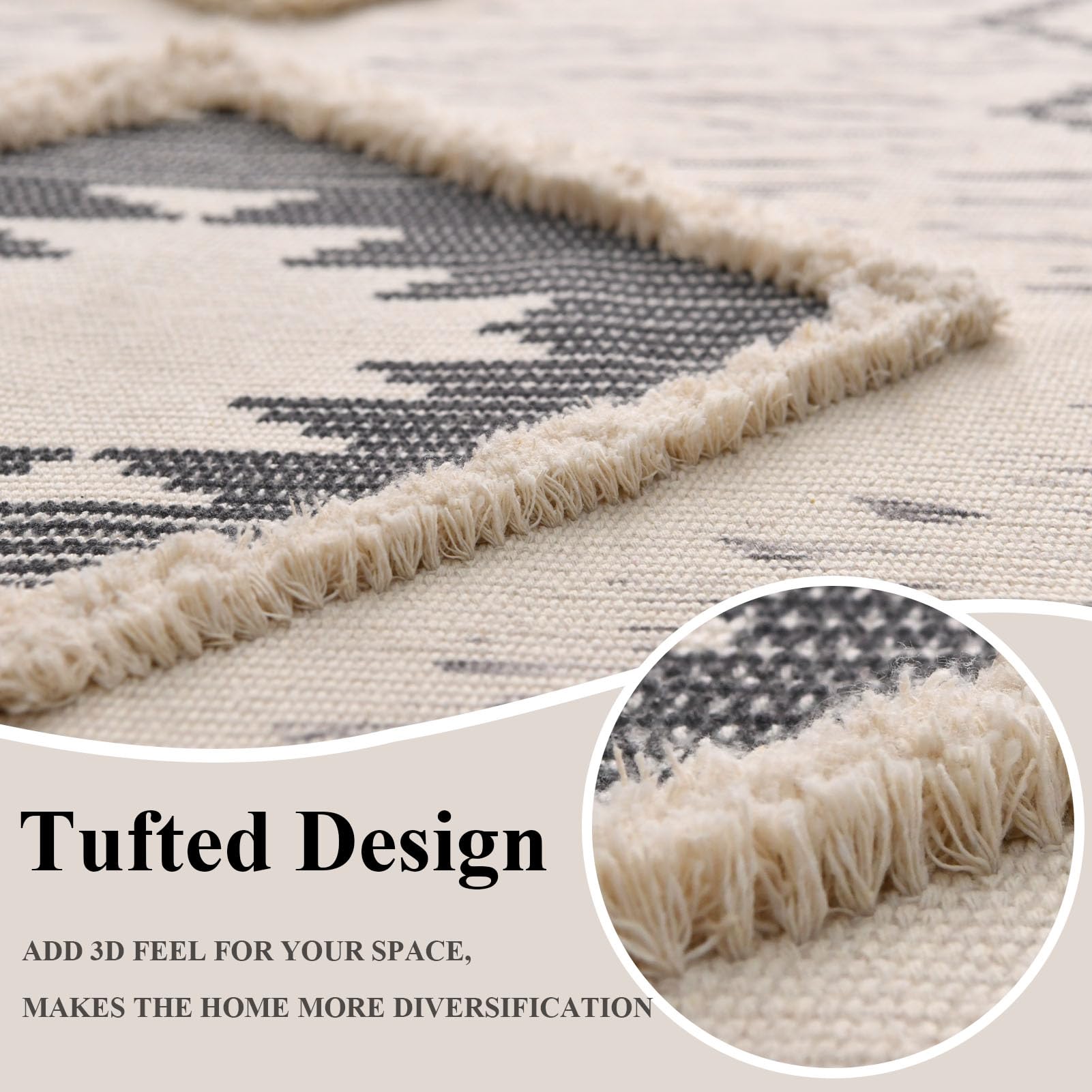 Boho Runner Rug 2'x6', Washable Hallway Farmhouse Area Rug, Kitchen Floor Mat with Tassels, Tufted Cotton Woven Entryway Carpet, Grey